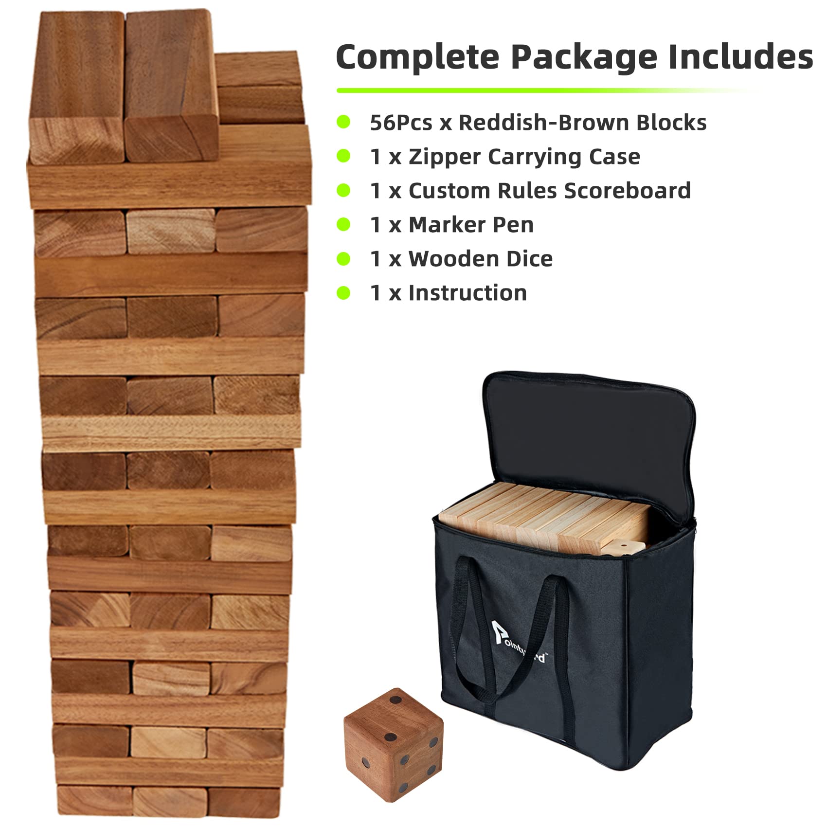 Pointyard 56PCS Giant Tumble Tower [Stack to 5FT+], Carbonized Pine Wooden Tumble Timber Game Set for Teens Adults Family - Classic Stacking Block Party Game with 1 Dice | Scoreboard | Carry Bag