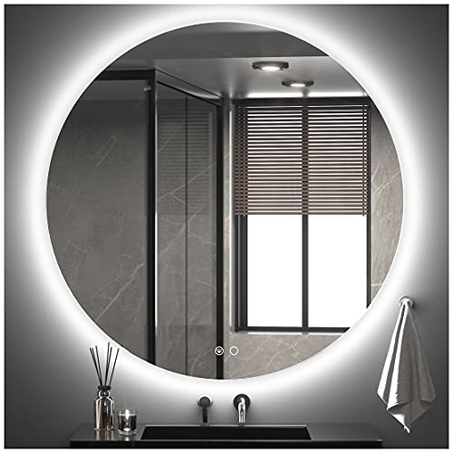 Keonjinn 36 Inch Backlit Mirror Bathroom LED Round Mirror 3000K/4500K/6000K Large Lighted Vanity Mirror Circle Mirror with Lights Dimmable Wall Mounted LED Bathroom Mirror Anti-Fog Makeup Mirror