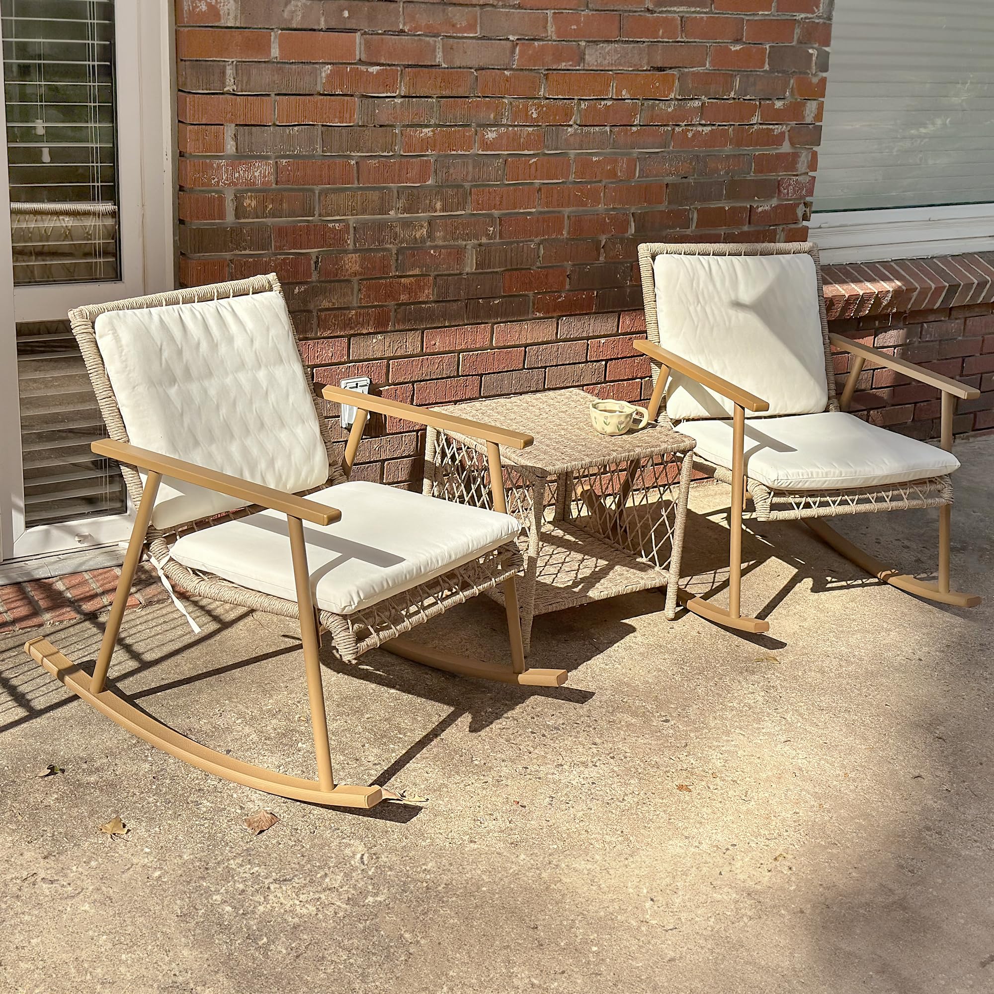 DWVO 3 Pieces Rocking Wicker Bistro Set, Patio Outdoor Conversation Sets with 2-Tier Coffee Table, Oversize Rattan Furniture Set for Garden Backyard Balcony, Beige