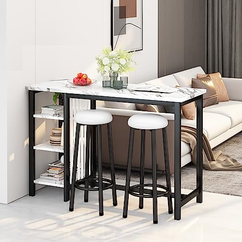 Lamerge Kitchen Counter Height Table and Stools Set for 2, 4-Tier Compact Dining Table, White Faux Marble Top and 2 PU Leather Upholstered Seats, Modern Dining Room Furniture for Home/Studio/Office