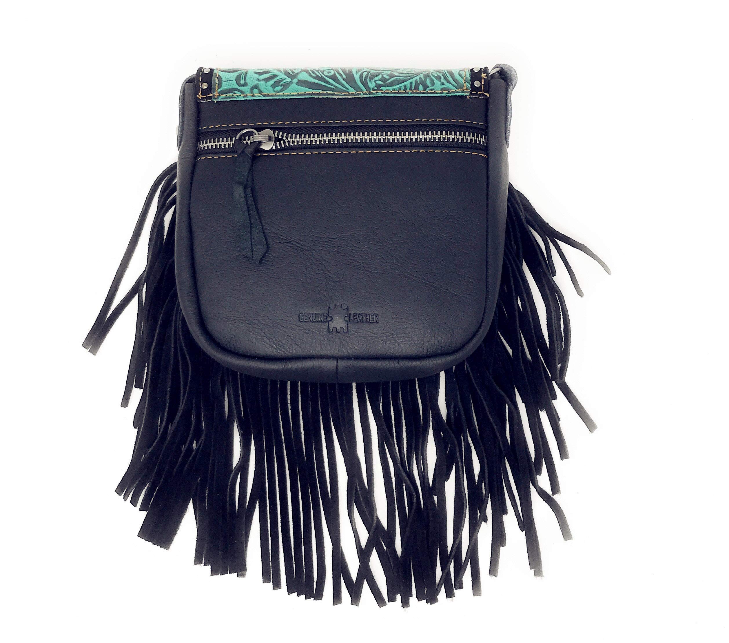 Western Genuine Leather Floral Tooled Fringe Womens Crossbody Bag 3 Color (Turquoise/Black)
