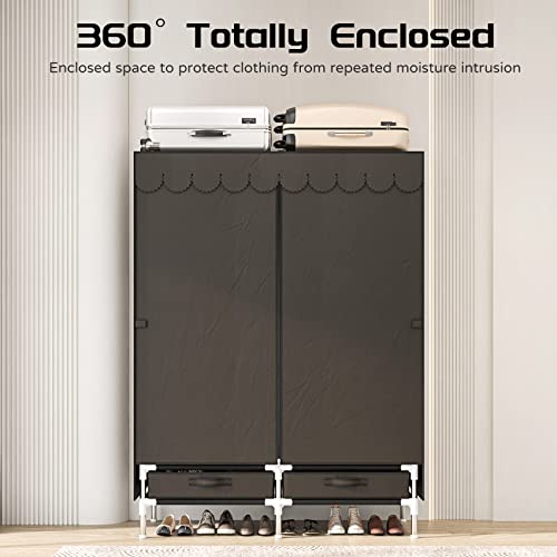 LEAIJIAFY Small Portable Cloth Wardrobe Closet for Hanging Clothes with 2 Drawers,Brown Armoire with 2 Hanging Rods,Clothes Rack Storage Organizer with Non Woven Fabric Cover,for Bedroom