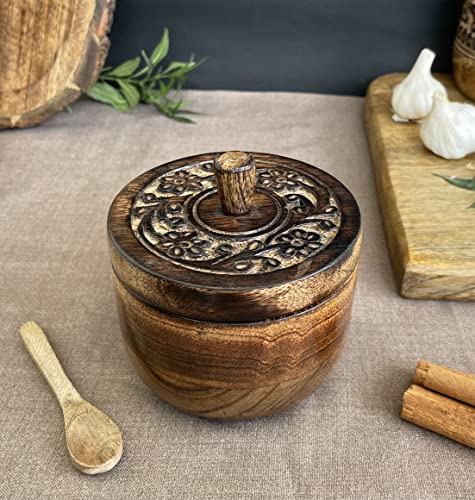 Rustic Salt Box Cellar with Hand Carved Lid & Spoon, Wooden Salt Pinch Bowls | Wood Salt Keeper, Spice Bowls for Cooking | Salt Pepper Tea Sugar Coffee Storage Holder for Kitchen, Mothers Day Gift