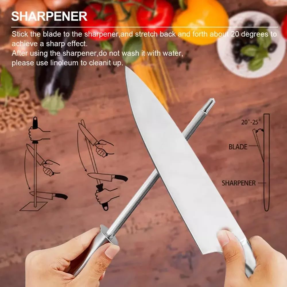 Generic 13Pc Kitchen Knife Set With Wooden Block Razor-sarp Stainless Steel Professional Chef Knife Set with Scissors & Knife Sharpener, Large, Oxford Brown