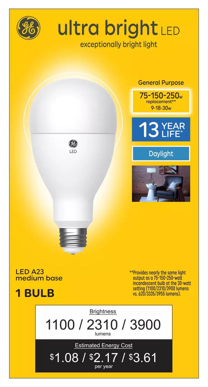 GE Lighting GE Ultra Bright LED 3-Way Light Bulb, 75/150/250 watt Equivalent, Daylight, 1100/2310/3900 lumens, exceptionally Bright LED A23, Frost Finish, ultrabright LED