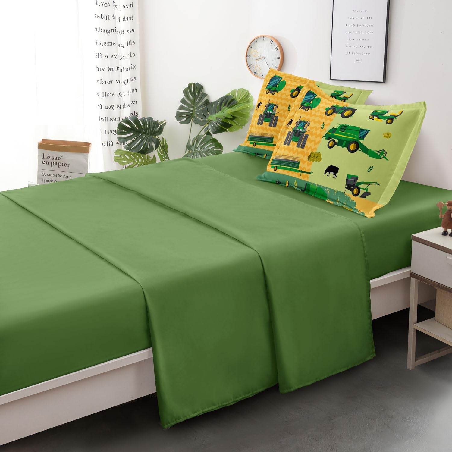 Leaflin Twin Construction Bedding Set for Boys Kids Farm Tractor Bedding 4 Pieces Cars Twin Comforter Set for Boys, Twin Truck Bed in a Bag Set Boys