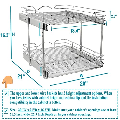 OCG Pull Out Cabinet Organizer (20" W x 21" D), 2 Tier Pull Out Drawers for Kitchen Cabinets, Pull Out Shelves for Base Cabinet Organization in Kitchen, Bathroom, Pantry, Chrome Finish