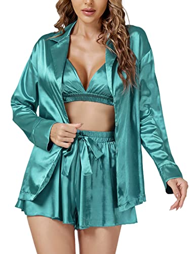 LYANER Women’s 3 Pieces Satin Cami Shorts Pajamas Rope Set Crop Sleepwear Lingerie Loungewear Set Turquoise Medium