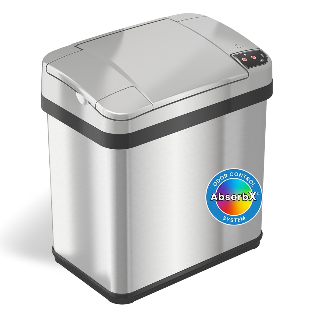 iTouchless 2.5 Gallon Sensor Bathroom Trash Can with AbsorbX Odor Filter and Air Freshener, Touchless Automatic Slim Wastebasket, Perfect Garbage Bin for Bedroom, Home, Toilet, Silver