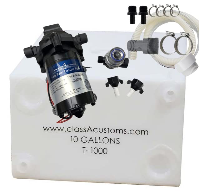 Class A Customs | 10 Gallon RV Concession Fresh Water Tank with Plumbing Kit & 12 Volt Water Pump | T-1000-BPK-PUMP