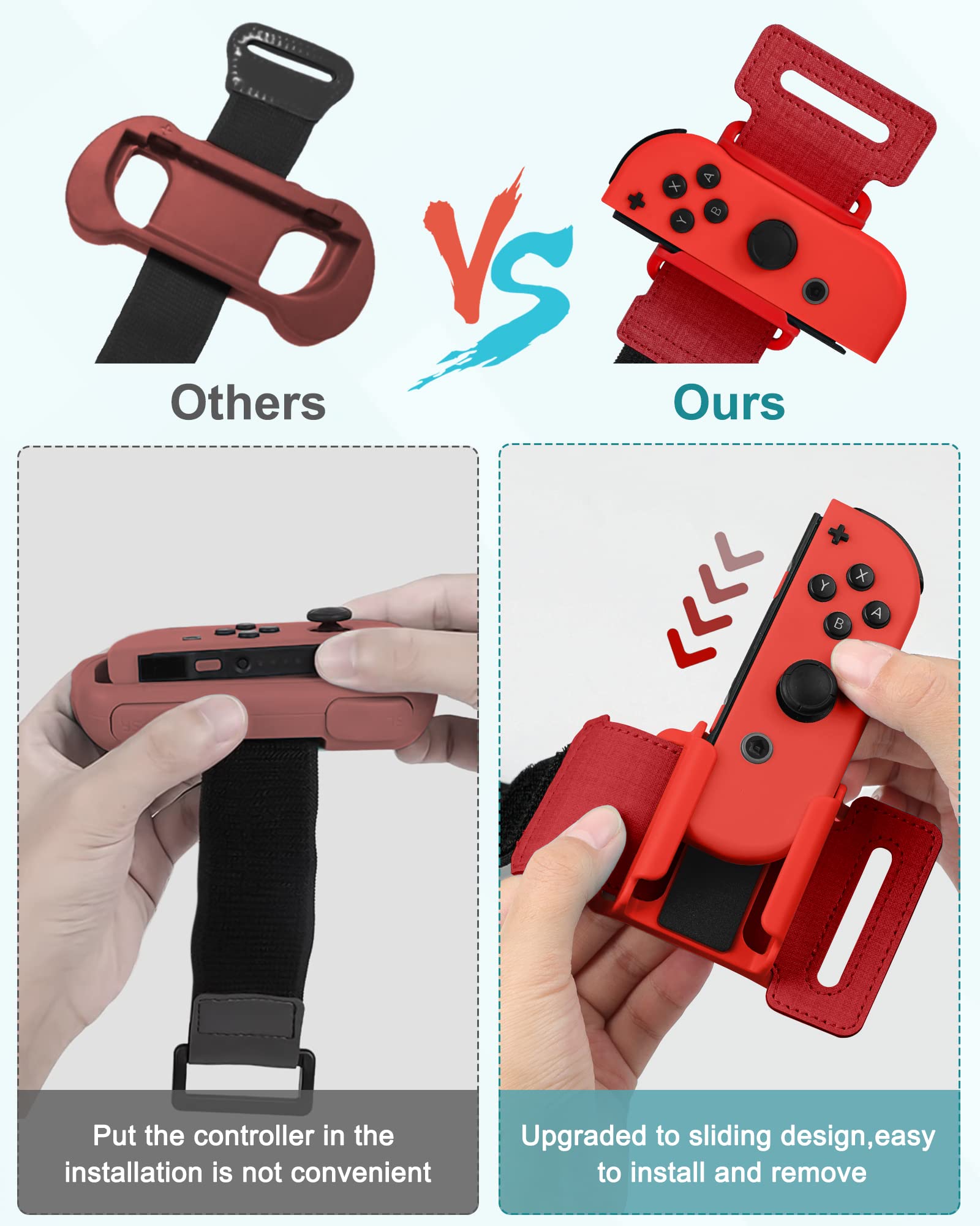 Wiilkac Upgrade Wrist Bands for Just-Dance 2024/2023/ 2022/2021/2020 Switch, Two Size Comfortable Adjustable Elastic Dance Strap for Switch Joystick Controller, 2 Pack(Red+Blue)