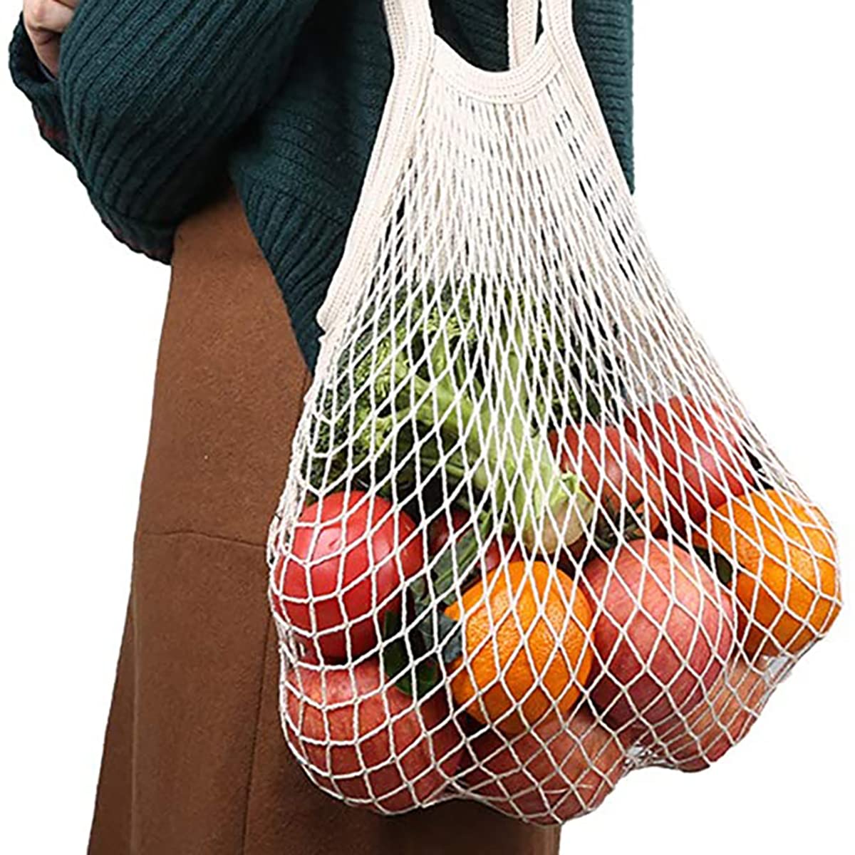 ECYC 1 Pcs Cotton Mesh Grocery Bag, Reusable Long Handle Mesh Bags Cotton String Bags Mesh Shopping Bag Net Tote Bag for Fruit Vegetable,L,Orange
