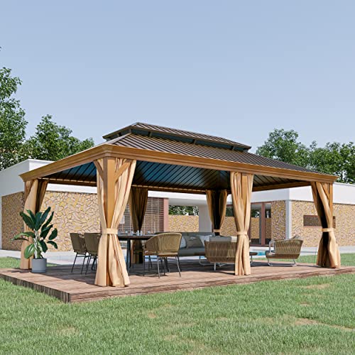 GAZEBEST 14' X 20' Hardtop Gazebo Outdoor Aluminum Patio Gazebo Double Roof Galvanized Steel Gazebo Canopy Wooden Finish Coated with Netting and Curtains,for Garden Patio,Patio Backyard,Deck and Lawns