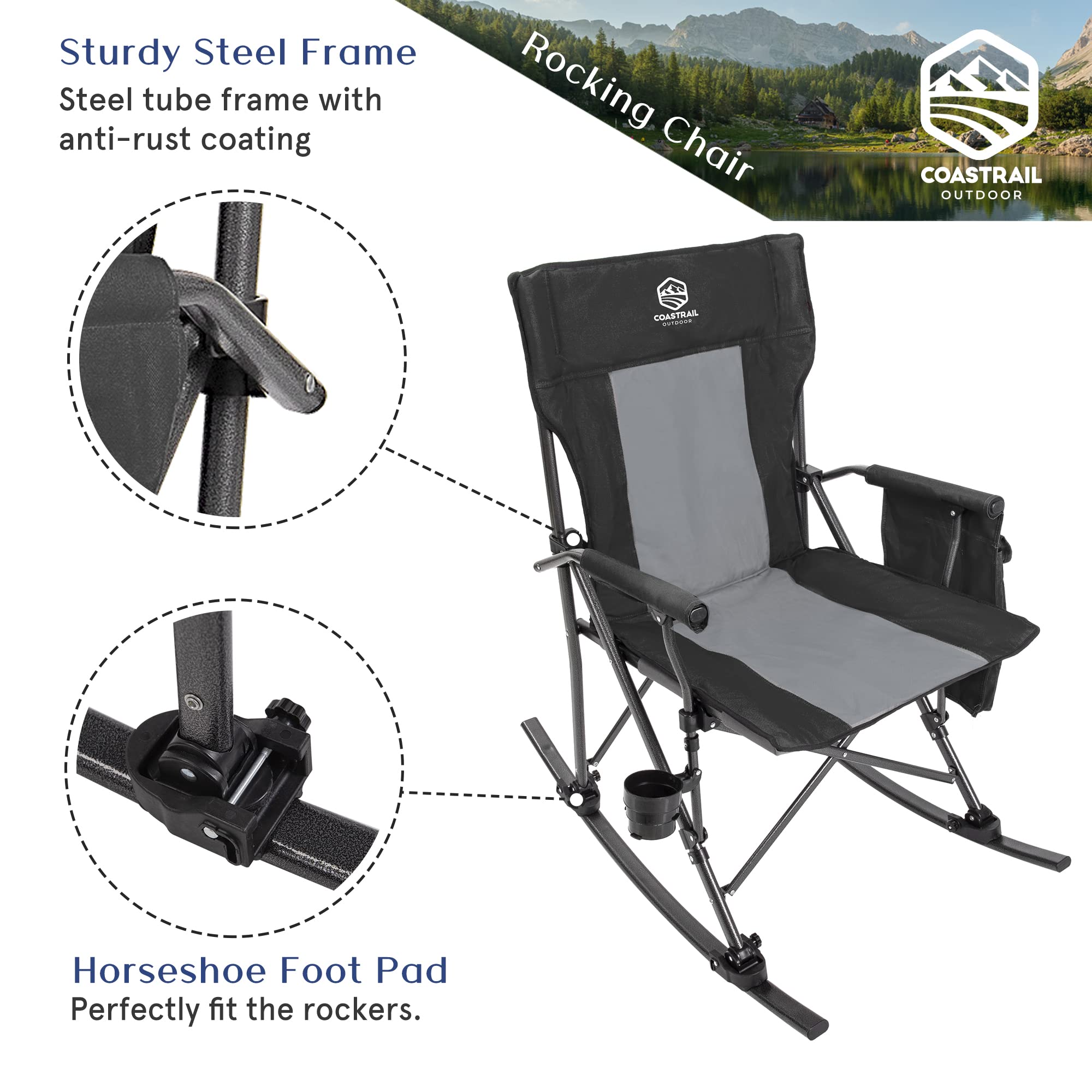 Coastrail Outdoor Folding Rocking Camping Chair High Back Padded Lawn Chair with Foldable Cup Holder, Side Storage, Back Pocket for Camping Hiking Heavy Duty 350lbs Weight Capacity, Black, Large