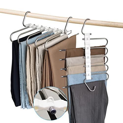 HotMax Pants Hanger Space Saving, Multiple Pants Organizer for Closet, Stainless Steel Jeans Hangers, Non-Slip Trousers Storage Organizer for Scarf, Skirt(2packs, 5-rods)