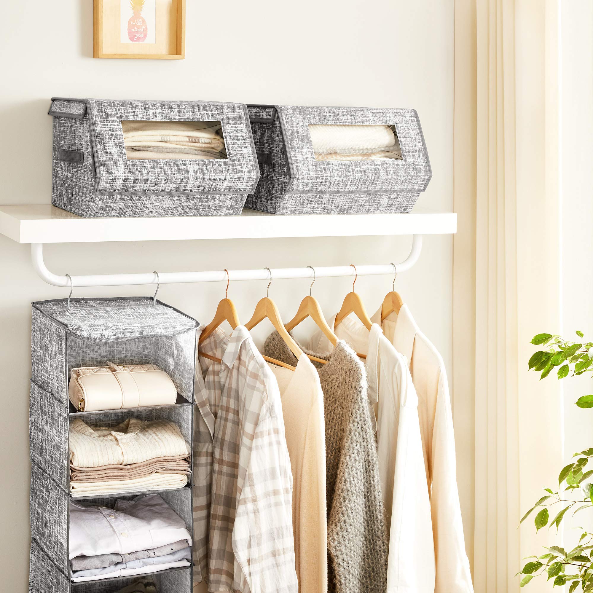 SONGMICS Stackable Storage Bins Set of 2, Fabric Storage Boxes with Lids, Storage Cubes with Magnetic Closures, Front Windows, Lids Can Stay Open after Stacking, Light Gray URLB002G02