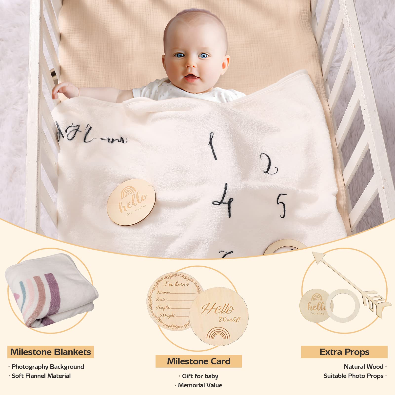 ibwaae Baby Thick Flannel Monthly Milestone Blanket Newborn Growth Chart Soft Neutral Photography Background Blanket (40"x41") with Milestone Card Circle Ring Arrow Gift(Rainbow