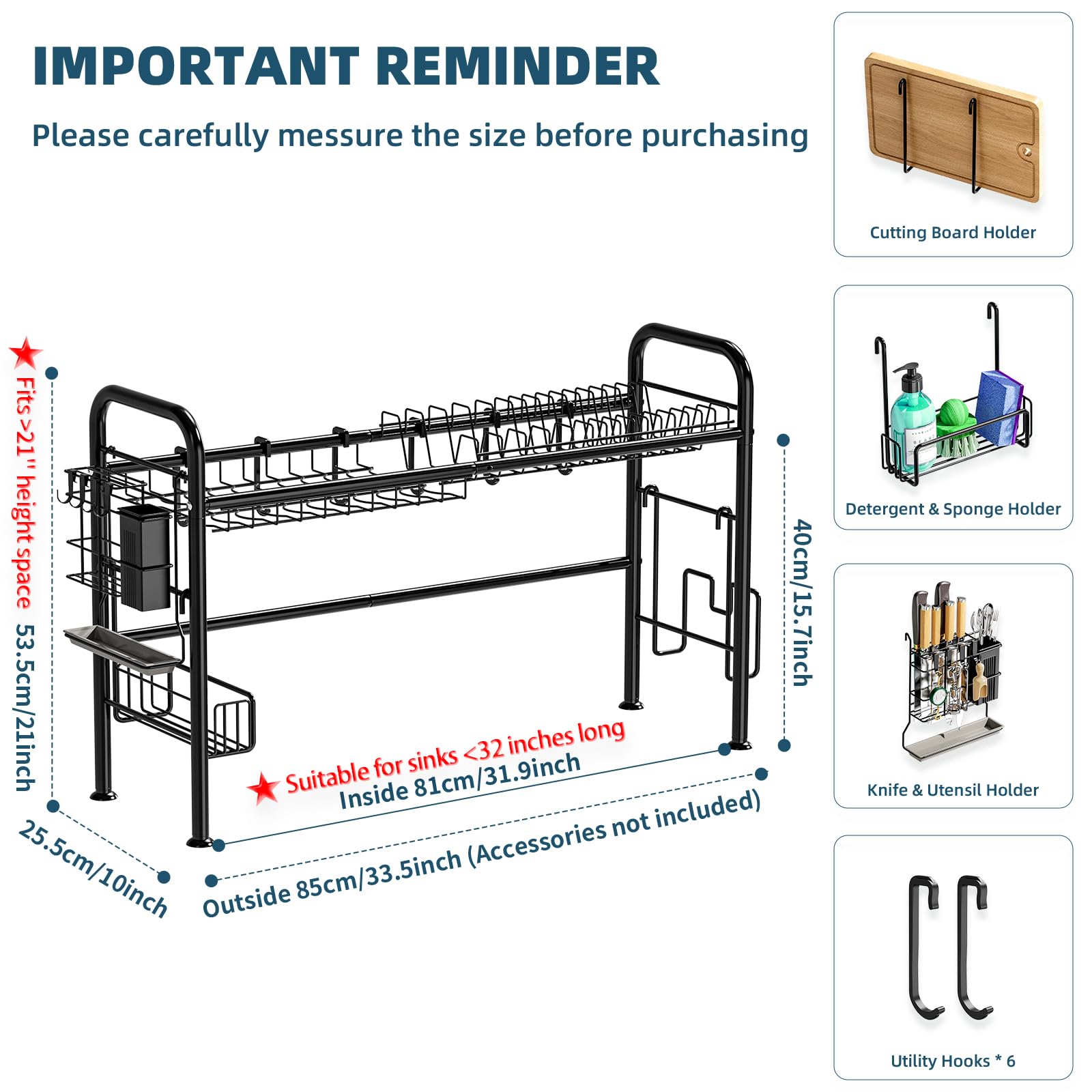 GAOKASE Large Over The Sink Dish Drying Rack, 2 Tier Over Sink Dish Rack with Utensil Holder, Dishes Drainer for Kitchen Counter Kitchen Organizer Metal (Fit≤32" Sink)