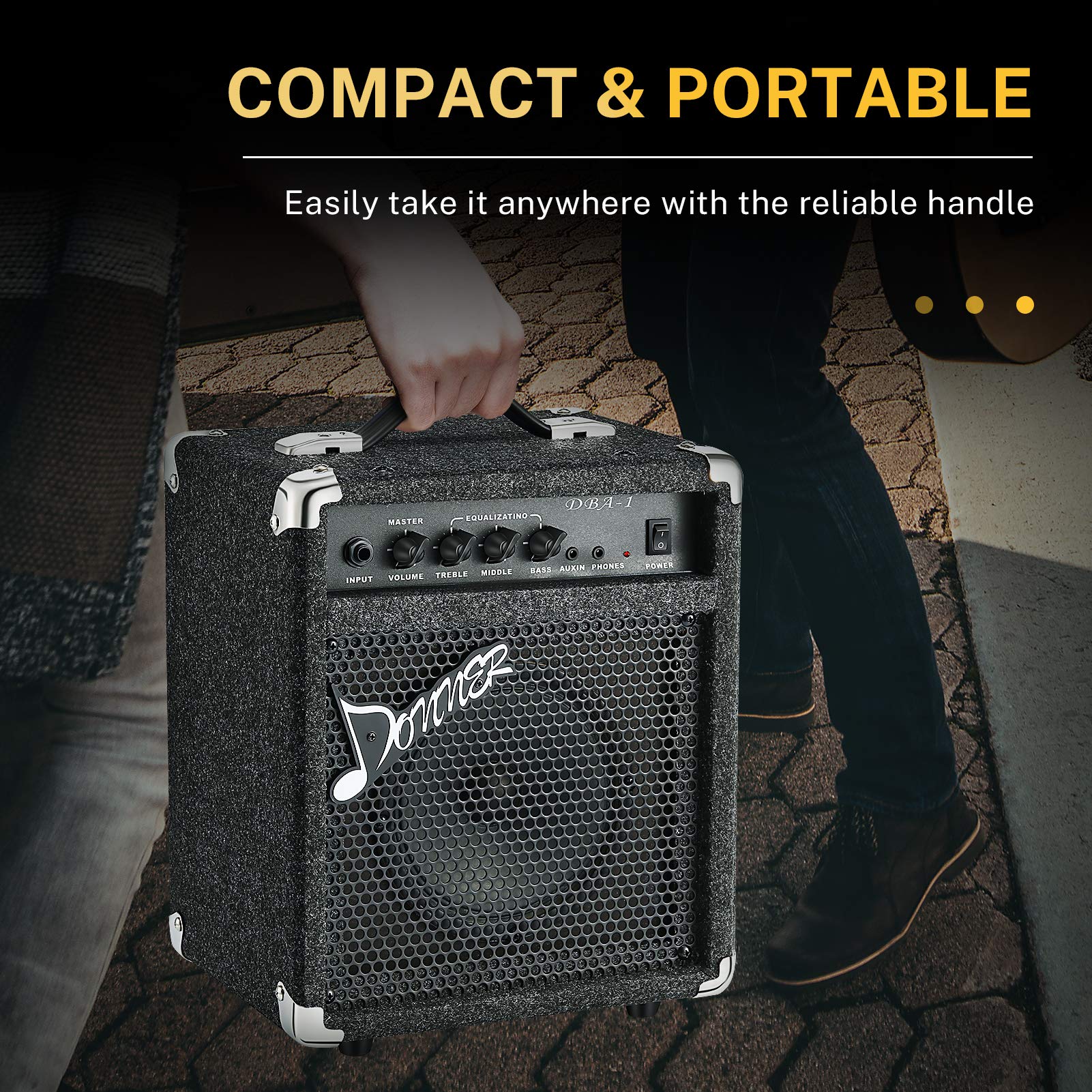 Donner Bass Amp 15W Bass Guitar Amplifier DBA-1 Electric Practice Bass Combo AMP & Donner Guitar Cable 10 ft 2 Pack