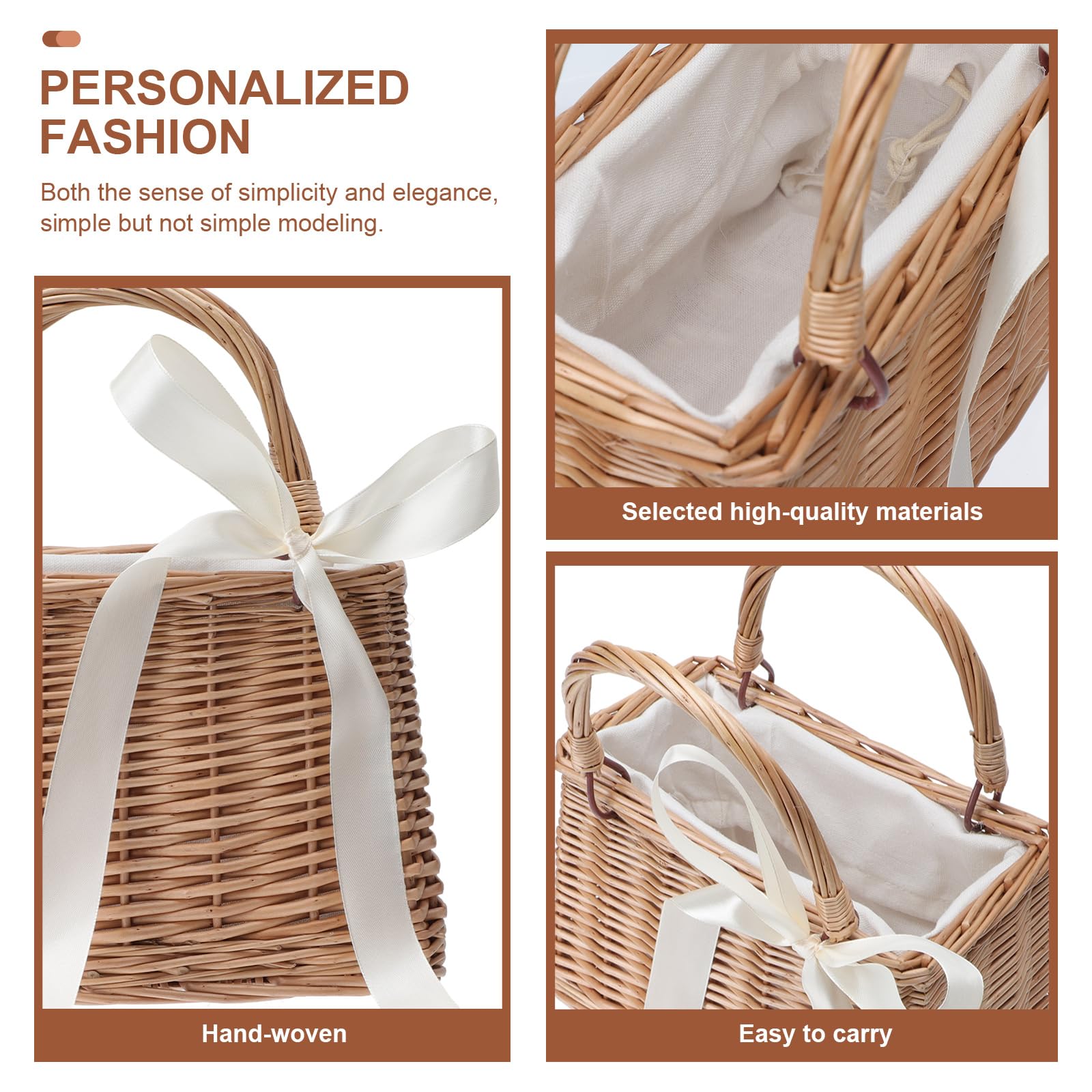 CARMELIT Flower Girl Basket Boho Style Rattan Baskets with White Ribbon for Weddings, Classic Wicker Handbag Basket Purse Basket Bags Women Straw Tote with Handle