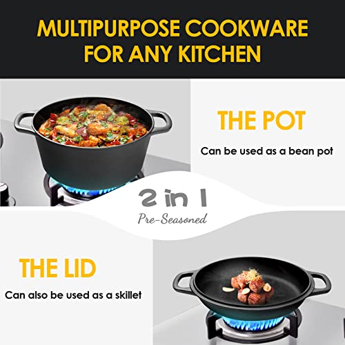 EDGING CASTING 2-in-1 Pre-Seasoned Cast Iron Dutch Oven Pot with Skillet Lid Cooking Pan, Cast Iron Skillet Cookware Pan Set with Dual Handles Indoor Outdoor for Bread, Frying, Baking, Camping, BBQ, 5QT