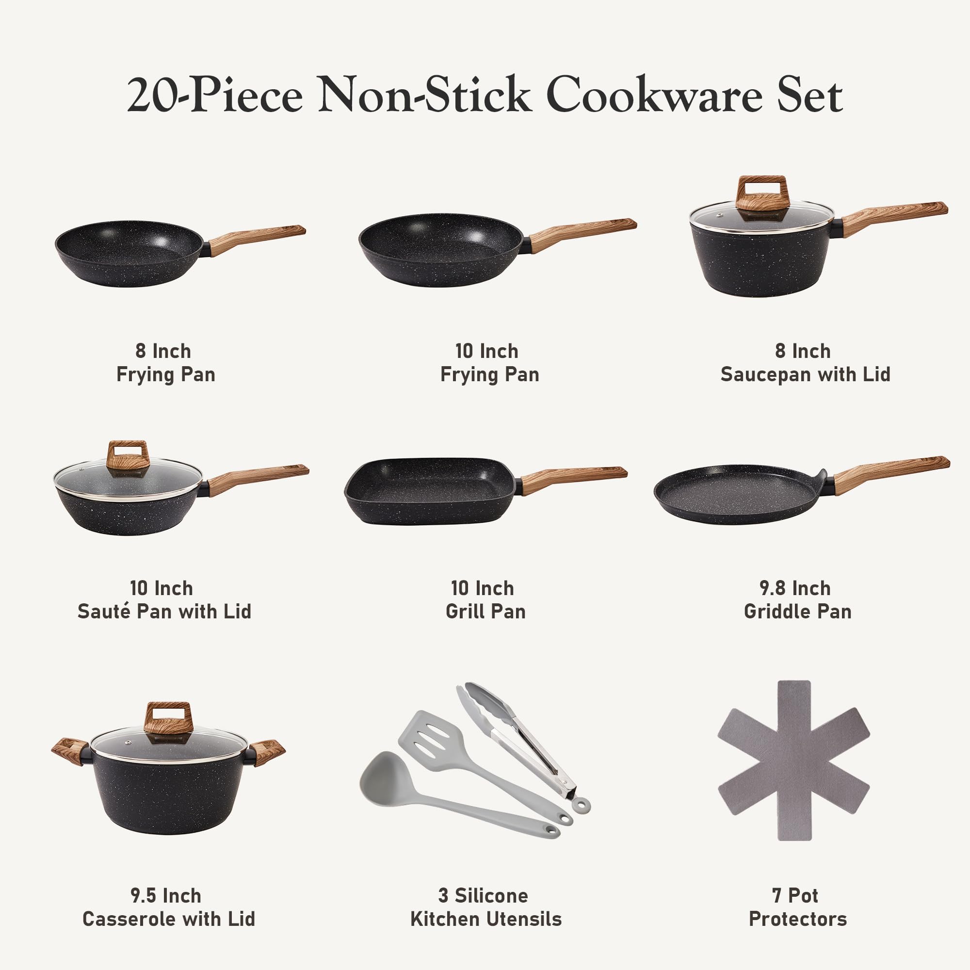 HAFMOOBEY Pots and Pans Set Nonstick, 20PCS Grey Granite Induction Cookware Sets with Frying Pans, Saucepan & Cooking Pots, PFOA Free Non Stick Pots and Pans