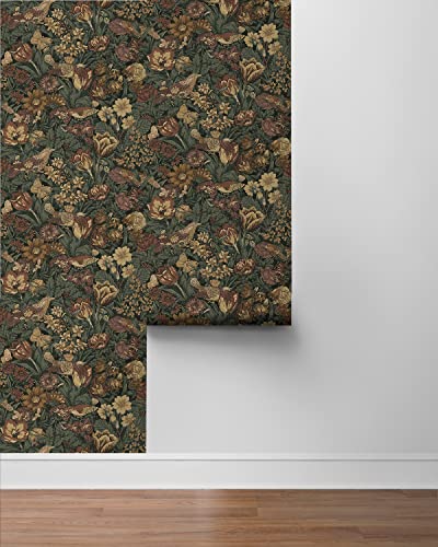 NextWall Bird Floral Vintage Peel and Stick Wallpaper (Mahogany & Graphite)