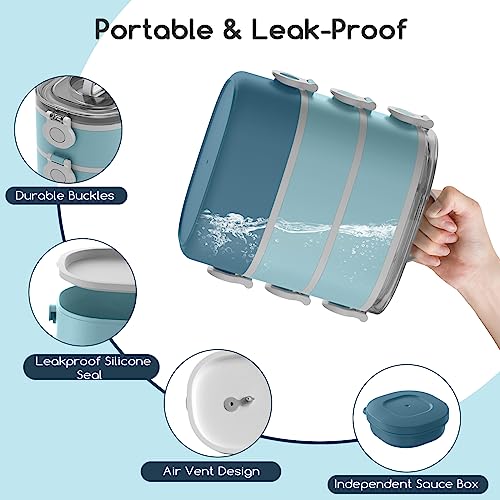 KHOXU Bento Lunch Box, Stackable 3 Layers Bento Box Adult Lunch Box, 94OZ Large Capacity Lunch Containers, Lunch Box Kids with Accessories Kit , Leak-Proof, Food-Safe Materials,Blue