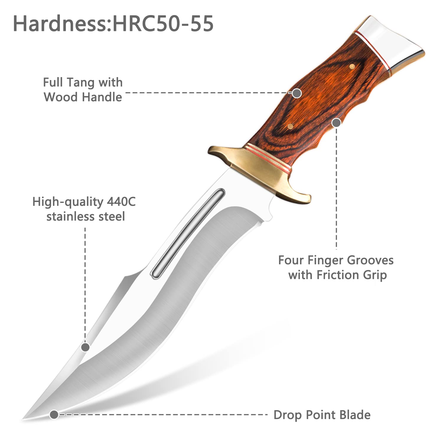 Bowie Knife with Sheath Full Tang Fixed Blade Hunting Knife 12 inches, Knife for Tactical, Survival, Camping, Christmas Gift