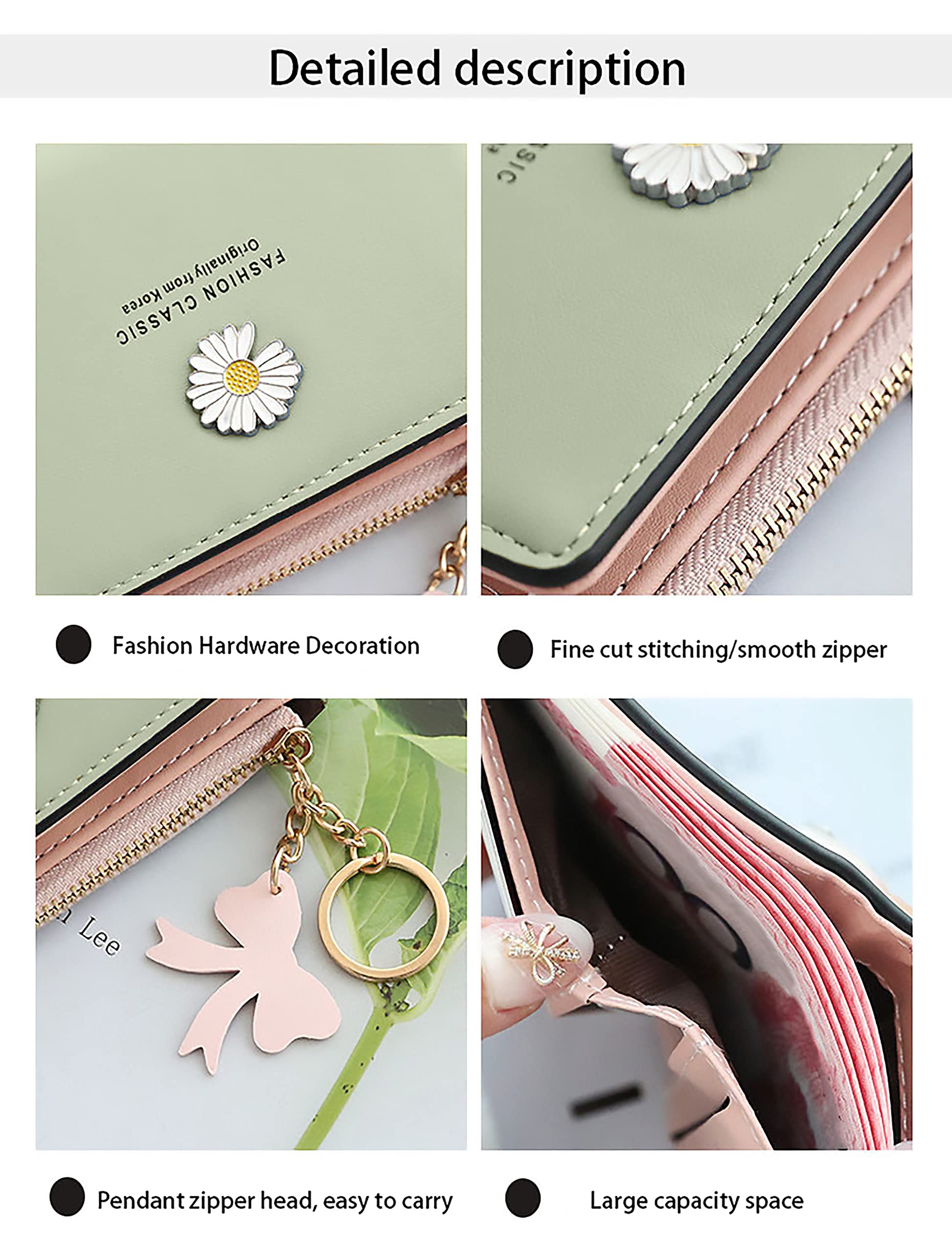 Women's wallet, female short Korean version of fashion chrysanthemum coin purse, soft thin wallet., Light green