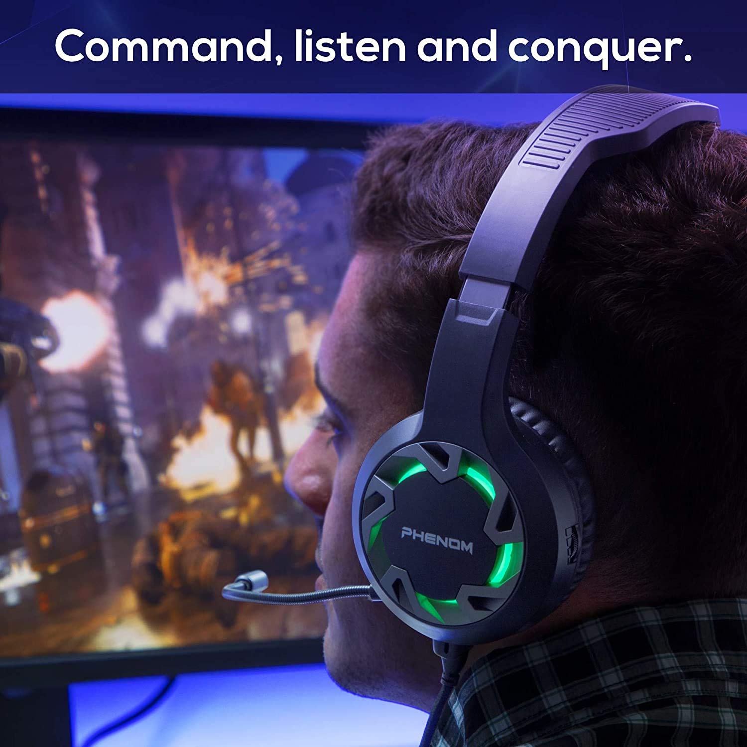 Phenom EXPO3 Stereo Gaming Headset for PS4, Xbox, Tablet or Smartphone, Noise Cancelling Headphones with Boom Mic and LED Glow Lights (Green)