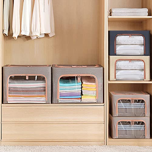 OJIMO Foldable Clothes Storage Bins 2 Pack,Stackable Metal Frame Storage Box w/Reinforced Handle, Stackable Thick Linen Fabric Closet Organizer Set with Clear Windows, Sturdy Zippers(15.4x11.4x7.9in)