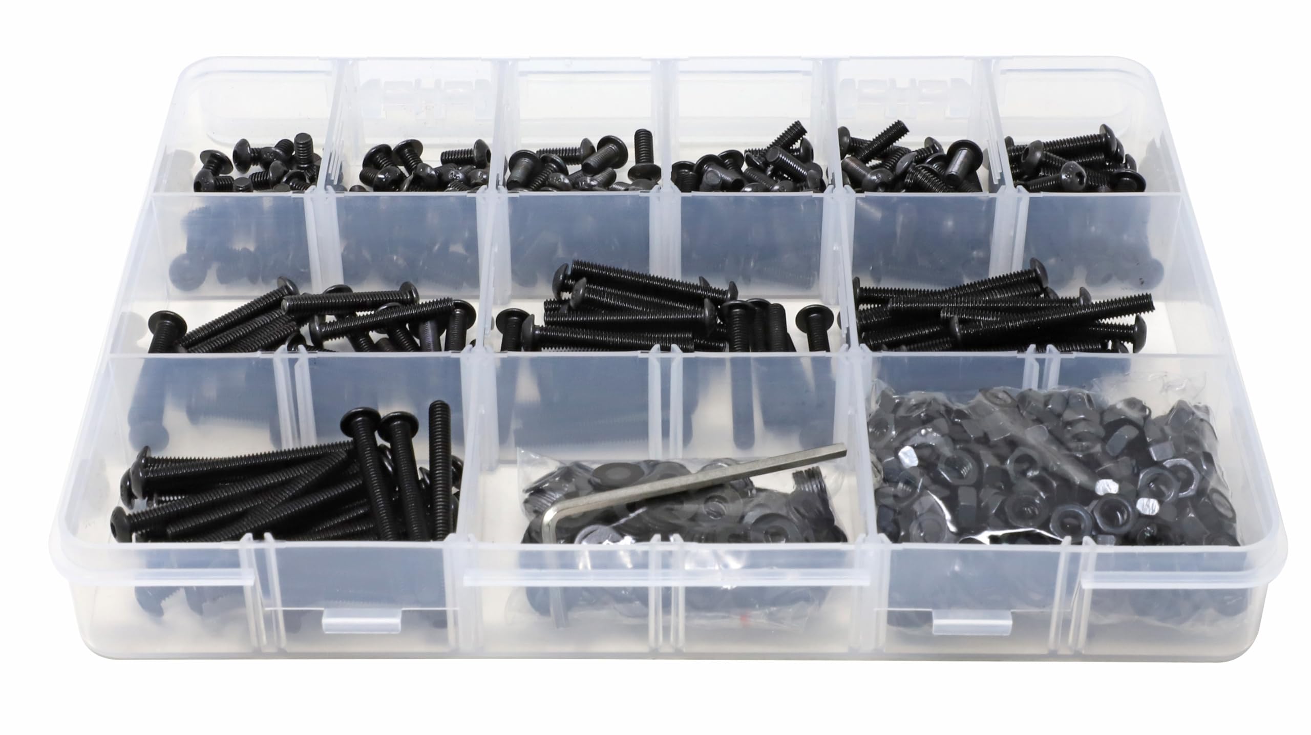 iexcell 675 Pcs M4 x 6/8/10/12/16/20/25/30/35/40 Alloy Steel 10.9 Grade Hex Socket Button Head Cap Screws Bolts Nuts Washers Assortment Kit, Black Oxide Finish