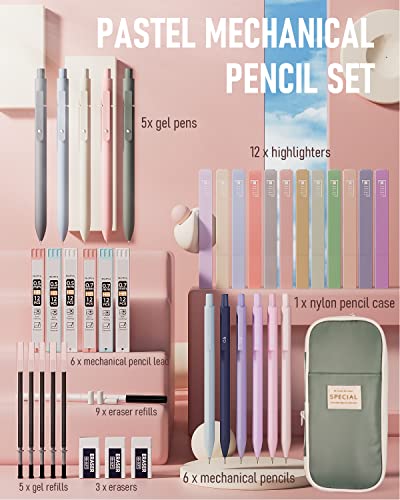 Nicpro 39 PCS Aesthetic School Supplies with Big Capacity Pen Case, 12 Colors Chisel Tip Cute Highlighters, 5 Quick Dry Retractable Black Ink Pens, 6 Pastel Mechanical Pencil 0.5 & 0.7 mm for Students
