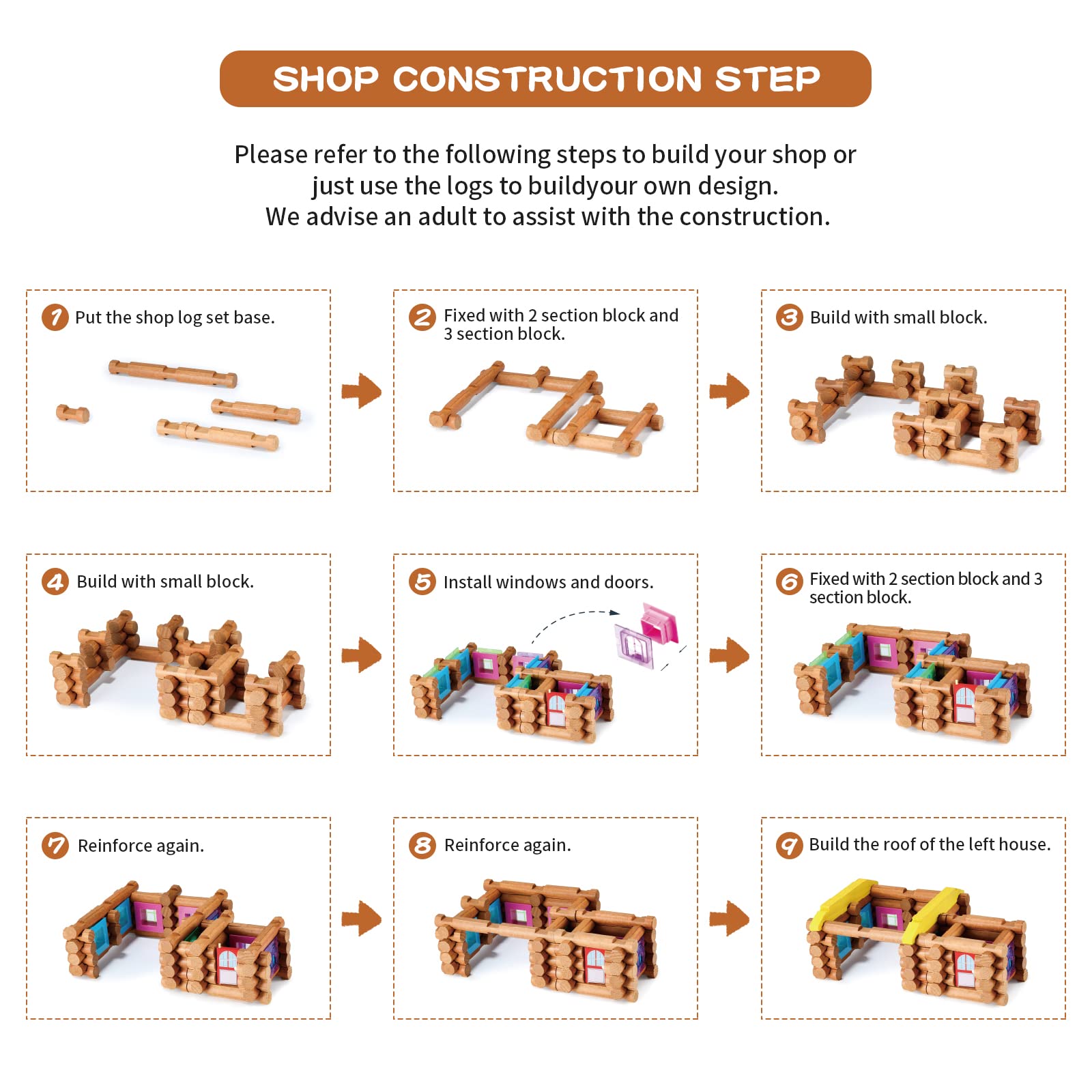 Wondertoys 239 Pieces Real Wood Logs Set Ages 3+, Classic Building Log Gift Set for Boys/Girls– Creative Construction Engineering - Top Blocks Game Kit - Preschool Education Toy