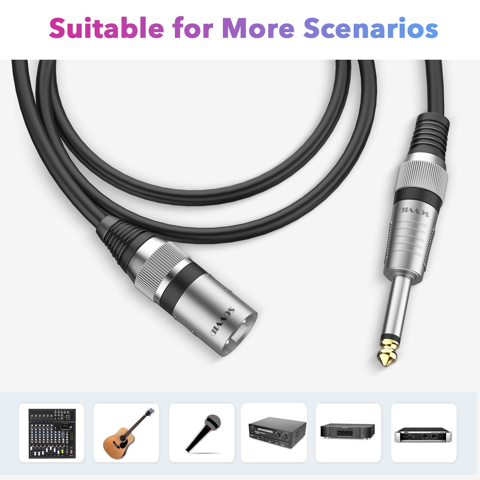 Sovvid 3FT XLR Male to 1/4 Cable 6.35mm Microphone Cord TS Mono 3 Pin Male to Quarter inch TS Male Unbalanced Interconnect Wire Mic Cord