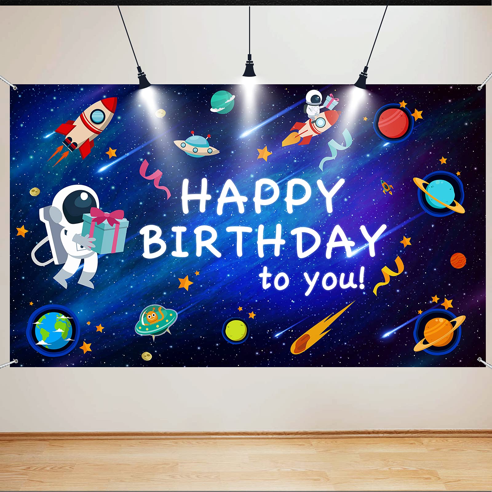 Space Happy Birthday Backdrop, 6x3.6ft Astronaut Rocket Birthday Banner, Space Party Decorations for Children's Birthday Galaxy Planet Party