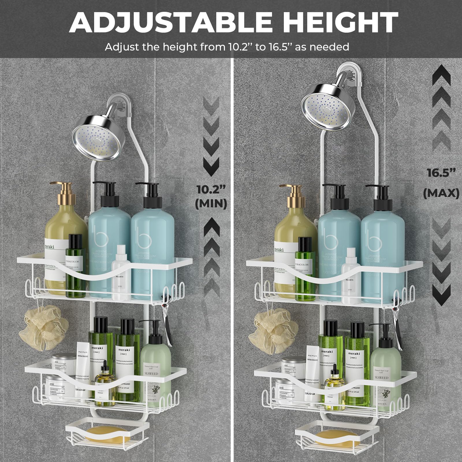 Shower Caddy Hanging Adjustable Shower Caddy, Rustproof Extended Length Shower Caddy Over Shower Head with Hooks Soap Holder, Large Capacity Shower Organizer Anti-Swing Bathroom Organizer, White