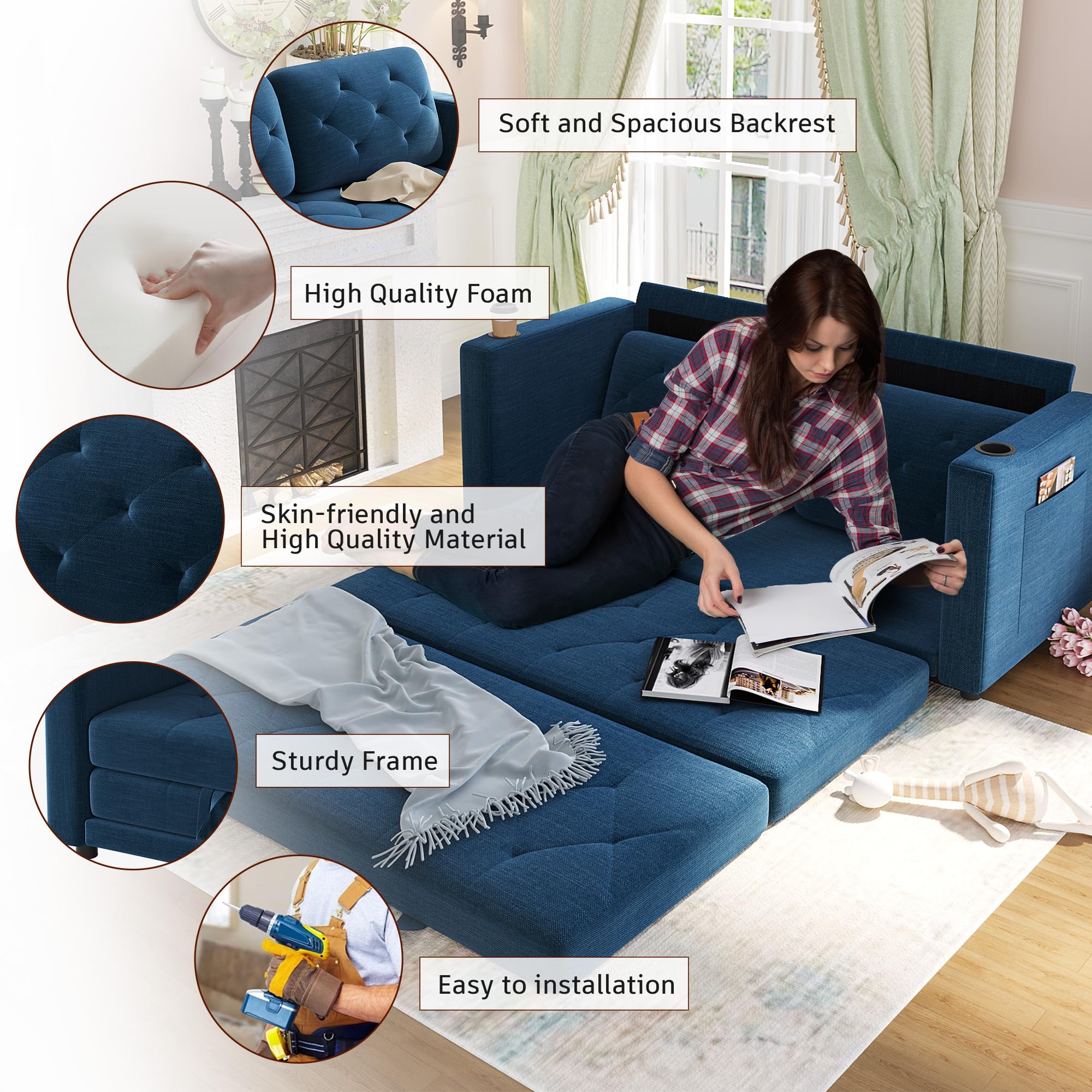 FOMNEY Loveseat Sleeper Sofa Bed, 63" W Pull Out Sofa Bed with 2 Cup Holders, 6.3" Upholstery Futon Sofa Bed with 2 Side Pockets, Convertible Floor Pull Out Couch for Living Room (Blue)