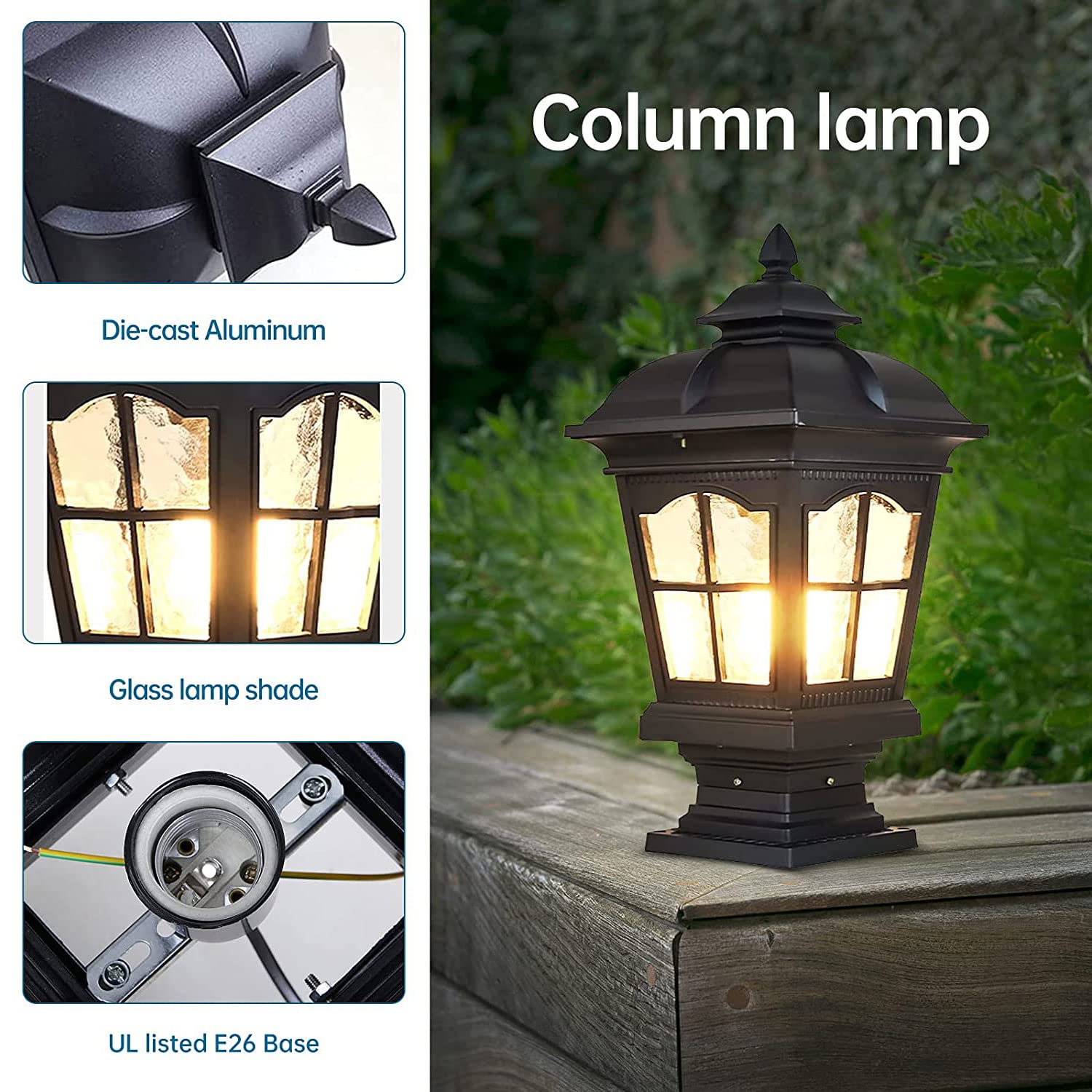 WENZIFI Outdoor Column Lights, Waterproof Post Lights Fixture Aluminium Glass Modern Pillar Lights Outdoor Decorations for Patio Villa Garden Fence Column Post Lights E26