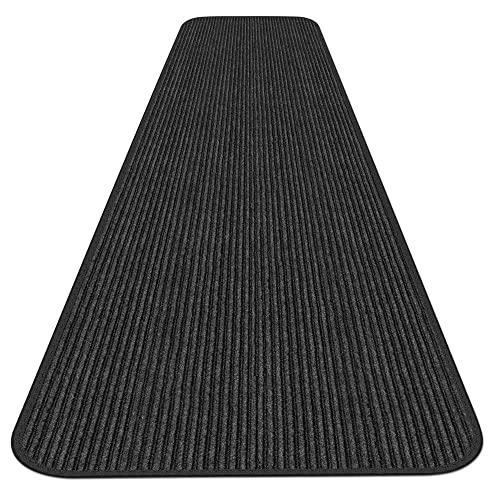 House, Home and More Indoor Outdoor Double-Ribbed Carpet Runner with Skid-Resistant Rubber Backing - Smokey Black - 3 Feet x 10 Feet