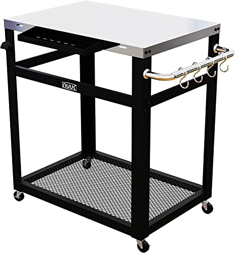 NUUK Double-Shelf Rolling Outdoor Dining Cart Table, 20" x 30" Stainless Steel Commercial Multifunctional Kitchen Food Prep Worktable on Wheels w/Adjustable Storage Tray & Waterproof Protective Cover