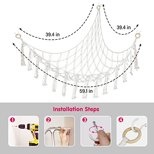 Weraher Toy Hammock Stuffed Animals Storage, Hanging Corner Mesh for Toy, Macrame Boho Teddy Bear Storage with LED Light for Boys Girls for Bedroom Nursery Playroom (White)