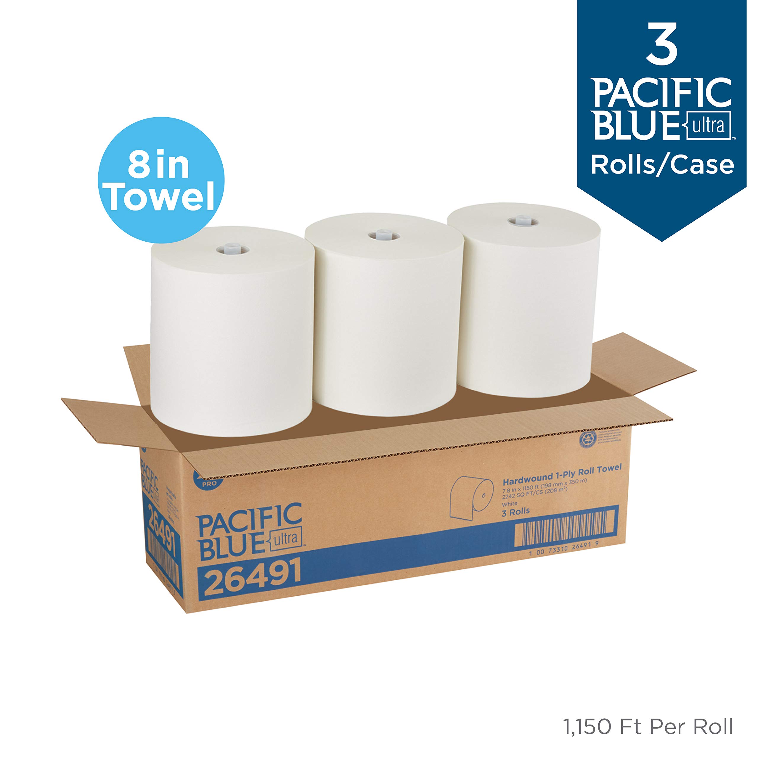Pacific Blue Ultra 8" High-Capacity Recycled Paper Towel Rolls by GP PRO (Georgia-Pacific), White, 26491, 1,150 Linear Feet Per Roll, 3 Rolls Per Case