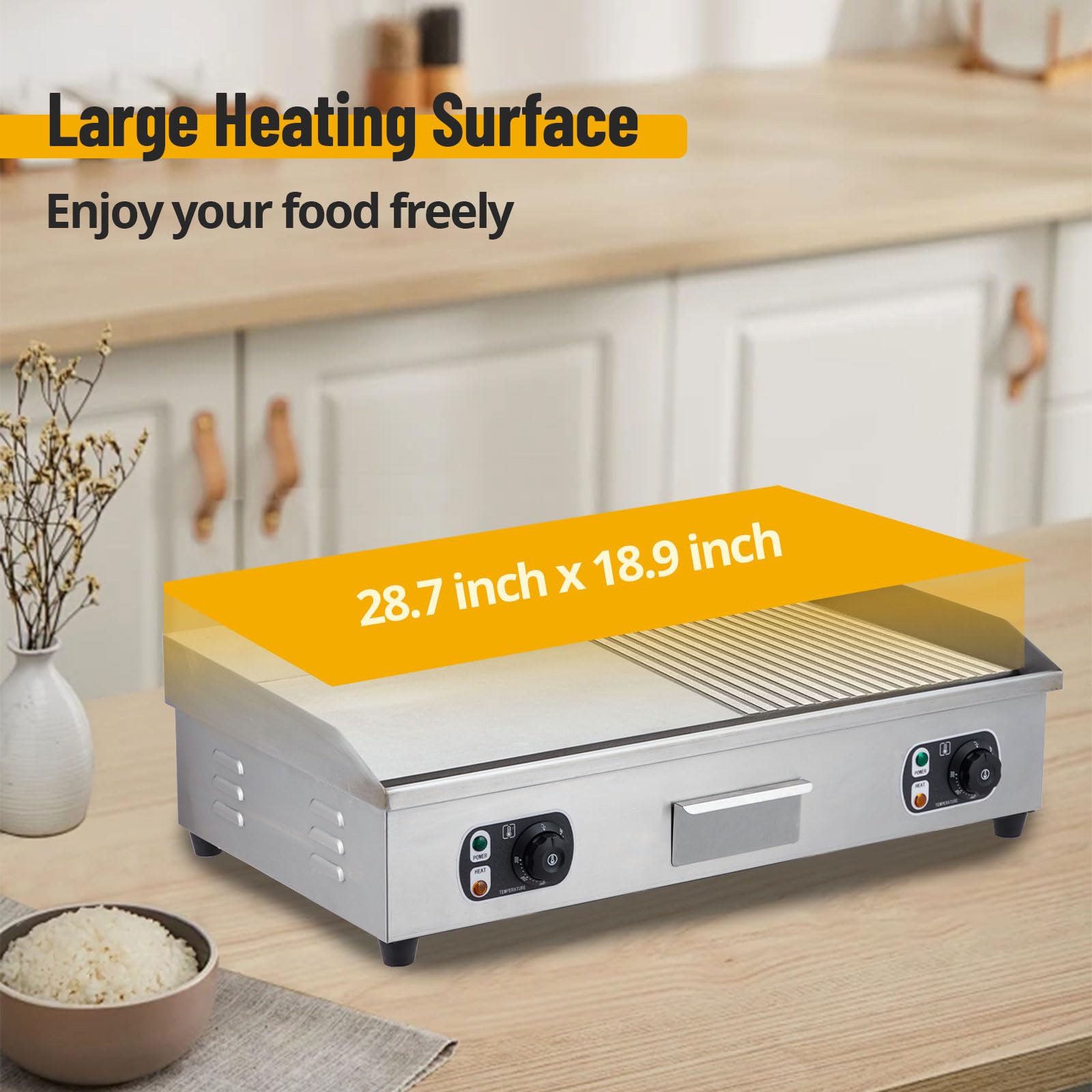 GARVEE 29" Commercial Electric Griddle, 110V, 3000W Resterant Countertop Griddle, Stainless Steel Half Grooved/Flat Top Grill with Adjustable Temperature Control 122°F-572°F(NO PLUG)