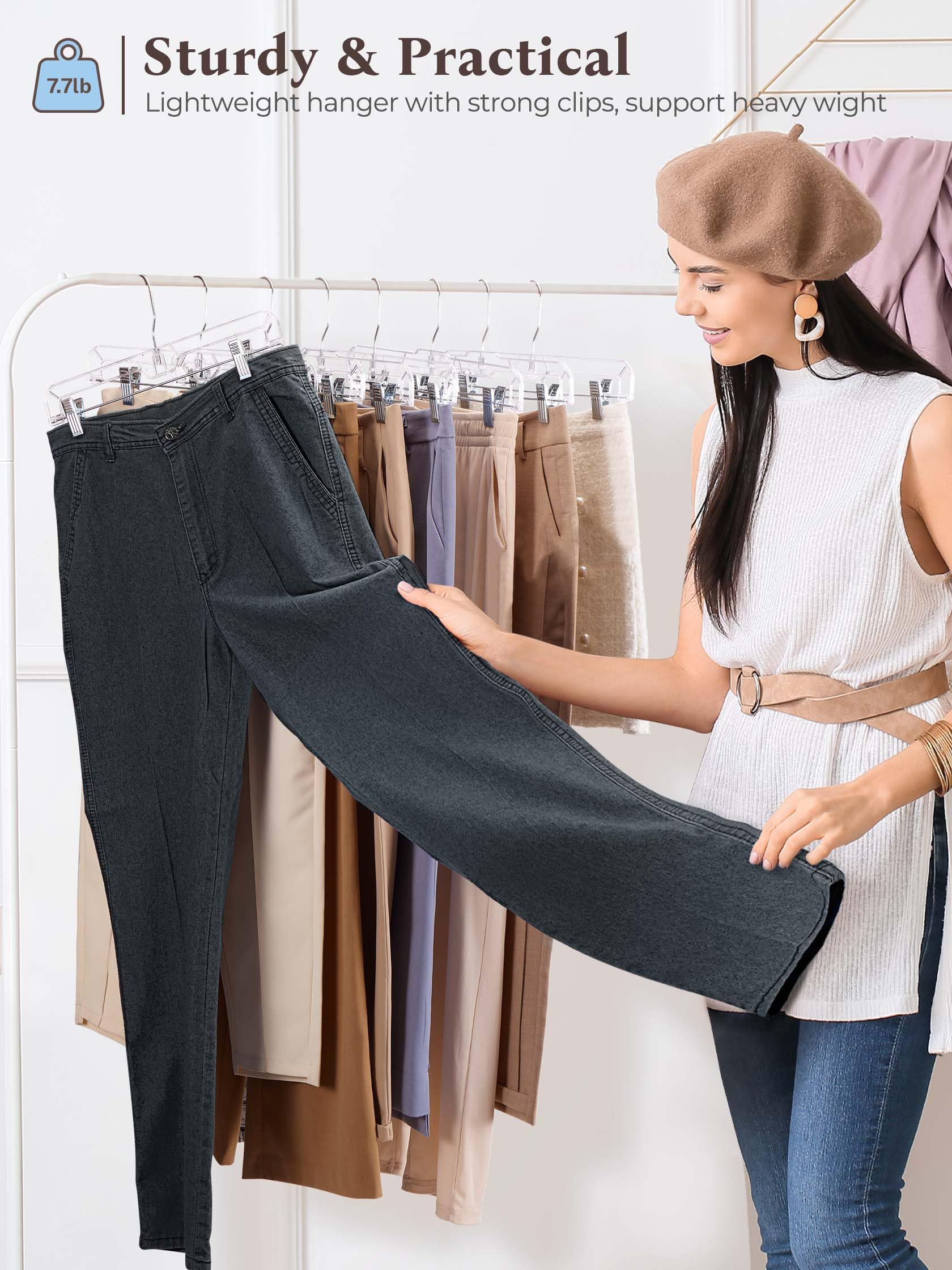 HOUSE DAY Clear Skirt Hangers with Clips, Non-Slip Plastic Pant Hangers with Adjustable Clips, Slim Clip Hangers for Pants, Skirts, Shorts, 14" Clear Hangers 10 Pack, 360-Rotating Swivel Hook