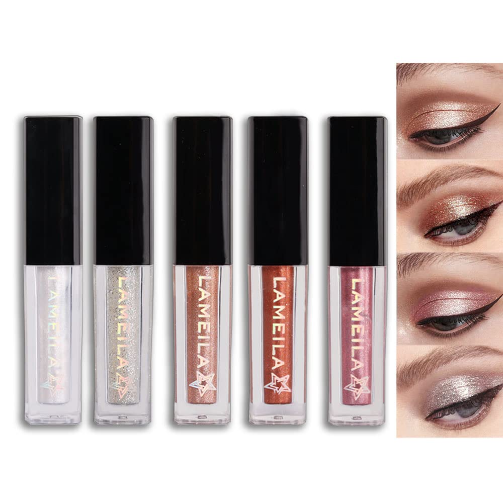 BINGBRUSH 5 pcs Liquid Glitter Eyeshadow Set, Metallic Glitter Shimmer Naked Eye Looks Waterproof Long Lasting Quick-Drying Sparkling Eye Shadow Makeup Kits
