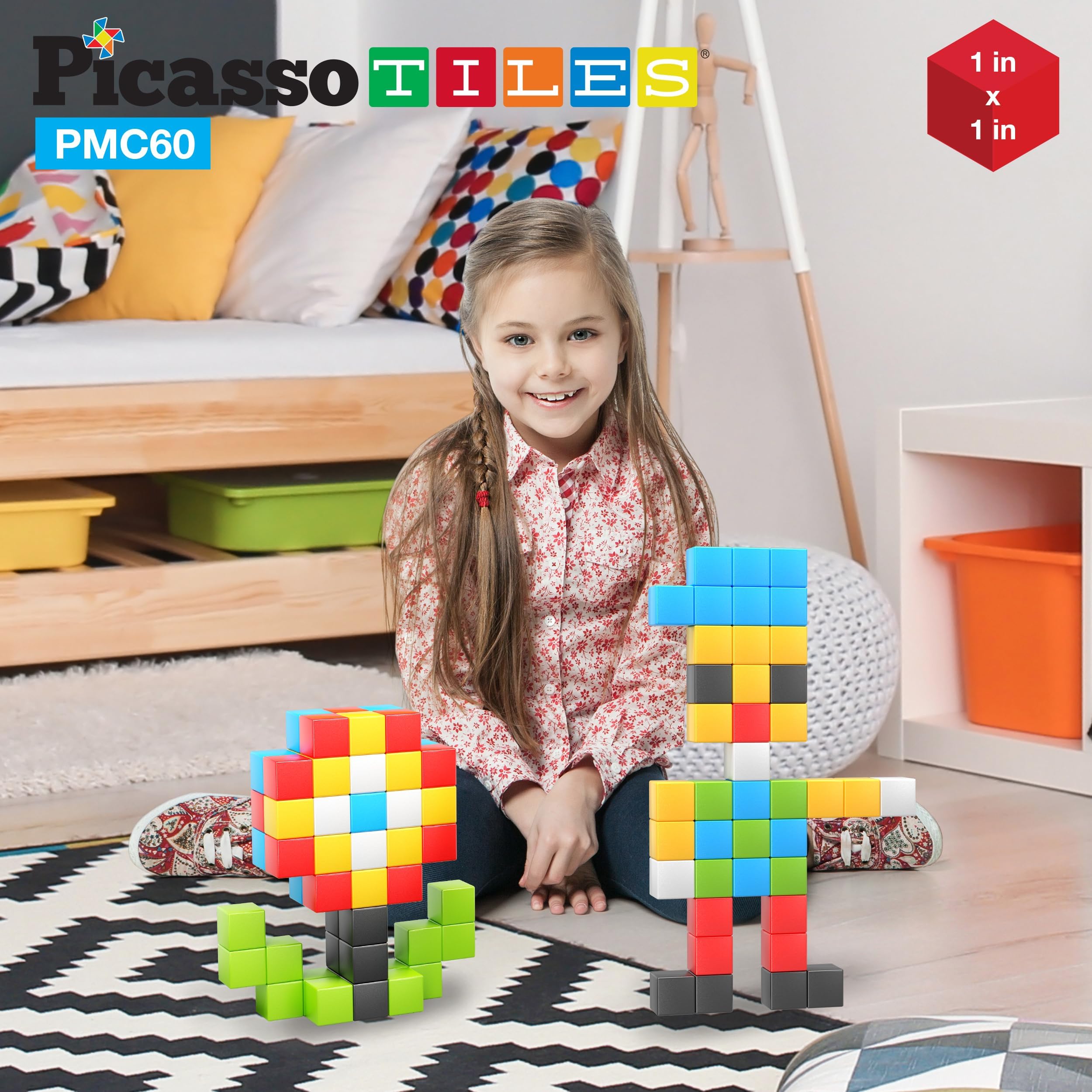 PicassoTiles 60 Pieces 1" Magnetic Building Blocks, 3D Construction Cubes Magnet Sensory Toys Gifts with Free Idea Book for Kids, Toddlers & Babies - PMC60