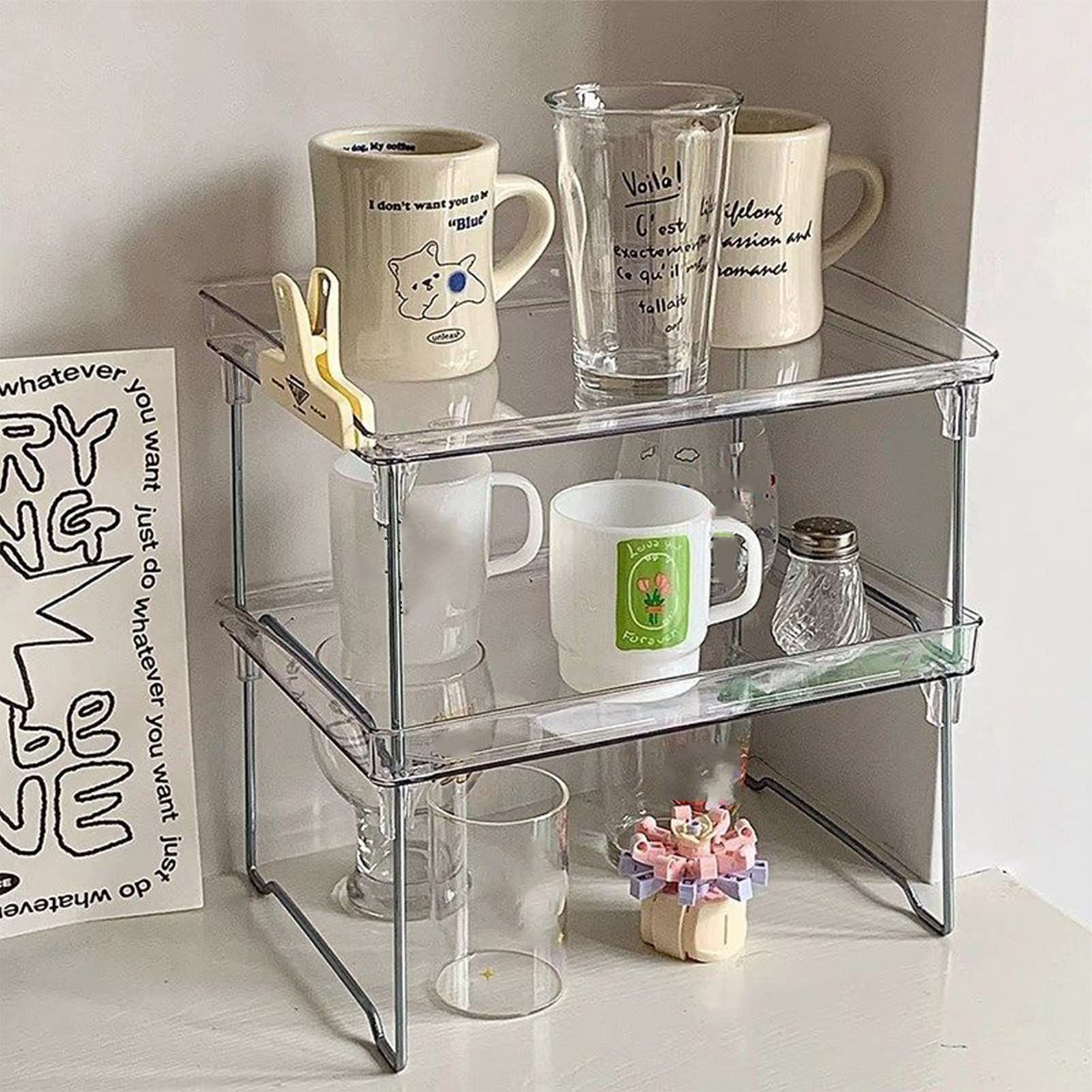 Estink Stackable Clear Organizer, Plastic Transparent Stackable Countertop Shelves Tabletop Storage Rack for Makeup Kitchen Utensils Cosmetics Stationery Bathroom Supplies Organization