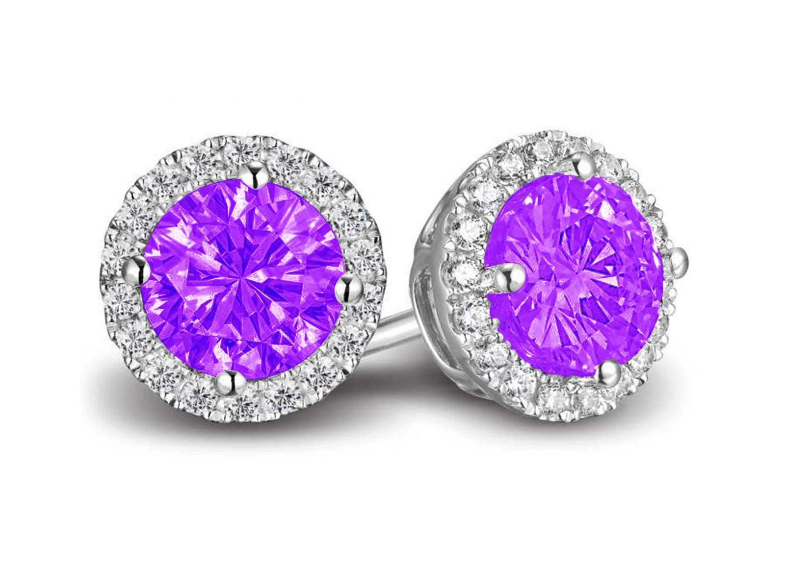 Clara Pucci 1.5ct Round Cut Halo Solitaire Natural Amethyst Unisex Designer Solitaire Stud Screw Back Earrings Solid 14k White Gold